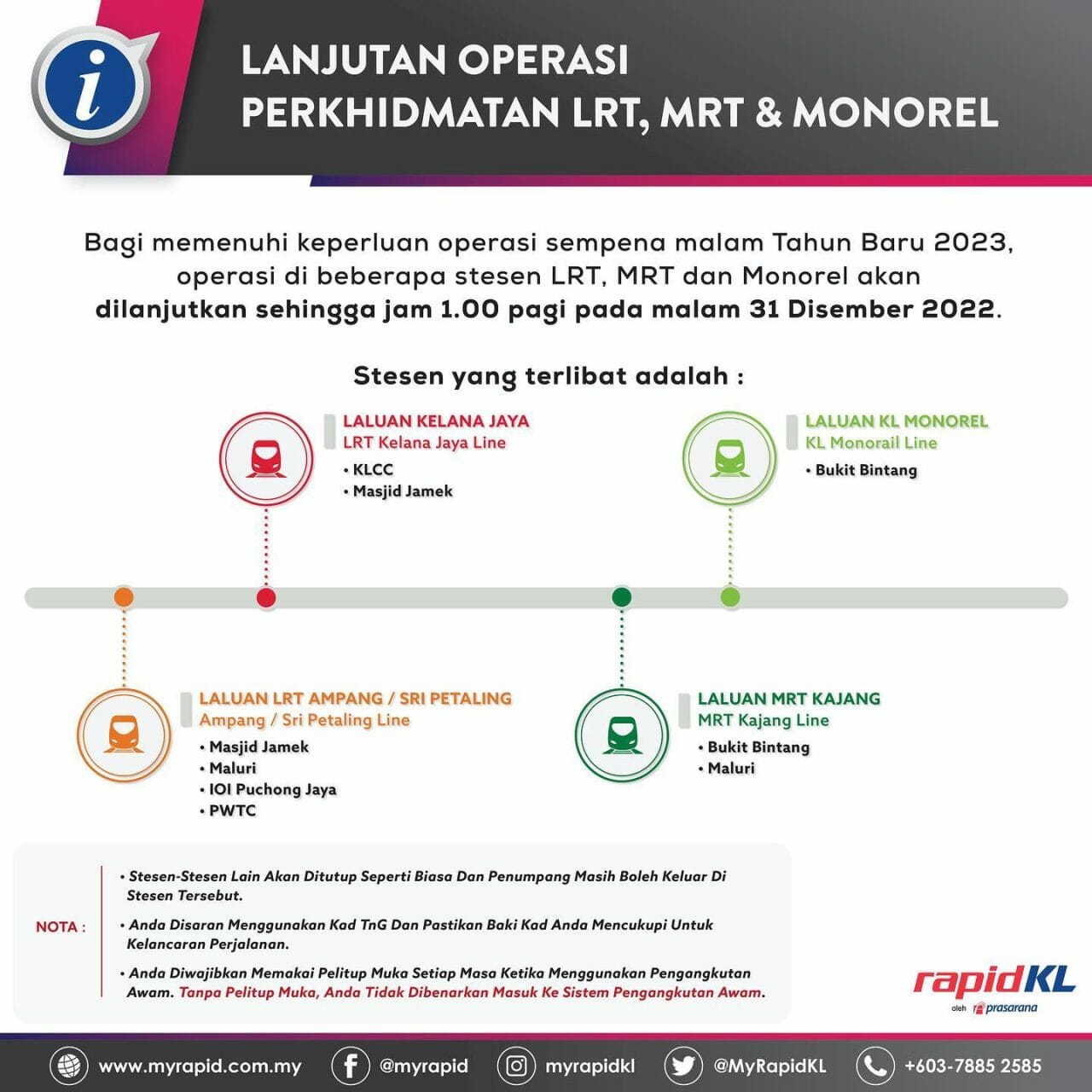 RapidKL Extends Operating Hours For LRT, MRT And Monorel For New Years Eve